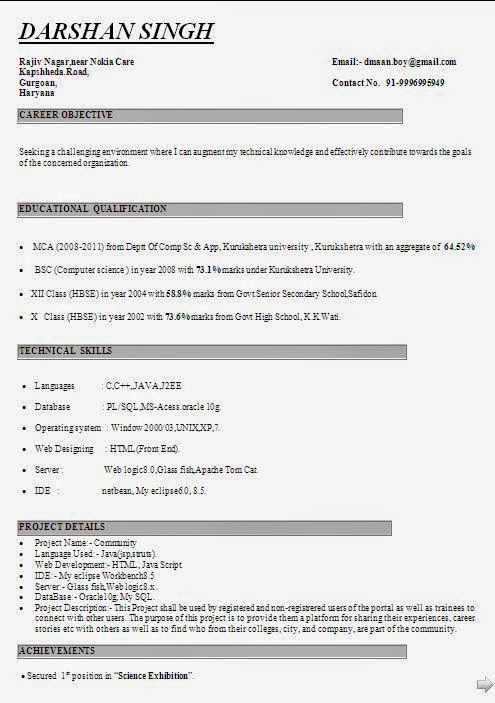 Curriculum Vitae Format For MCA Freshers