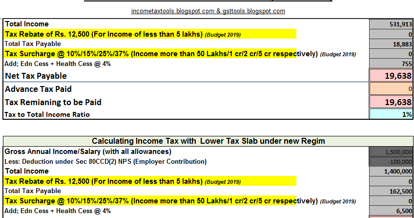 Income Tax Calculator FY-2019-20 (AY-2020-21) With Old Vs New Tax Slab ...