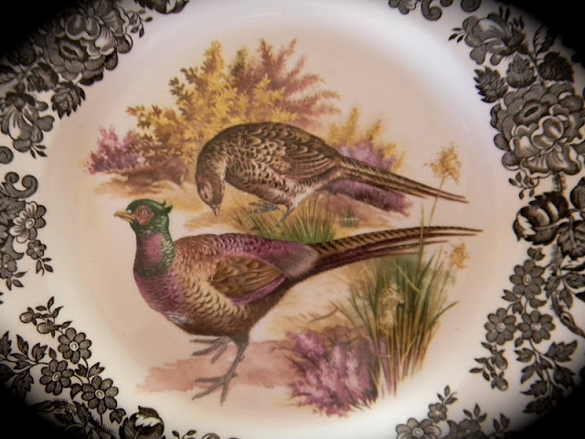 A Brown and Aubergine Tablescape for Fall with Pheasants and Transferware