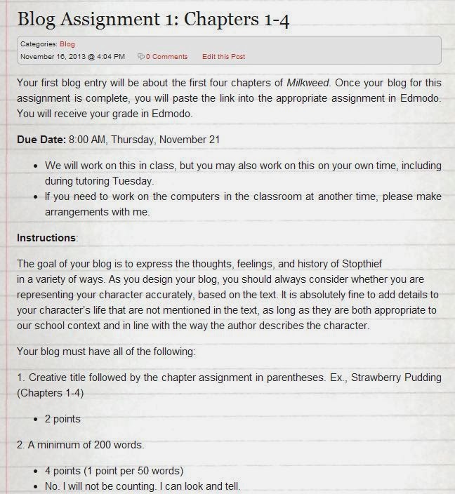 My Life as a Literacy Educator: Milkweed, Chapters 1 - 4