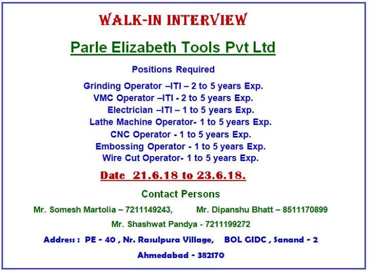 WALK-1N INTERVIEW Parle Elizabeth Tools Pvt Ltd For ITI Diploma holders ...