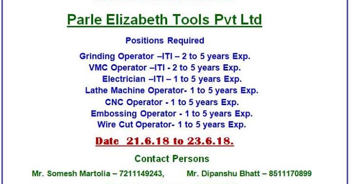 WALK-1N INTERVIEW Parle Elizabeth Tools Pvt Ltd For ITI Diploma holders ...