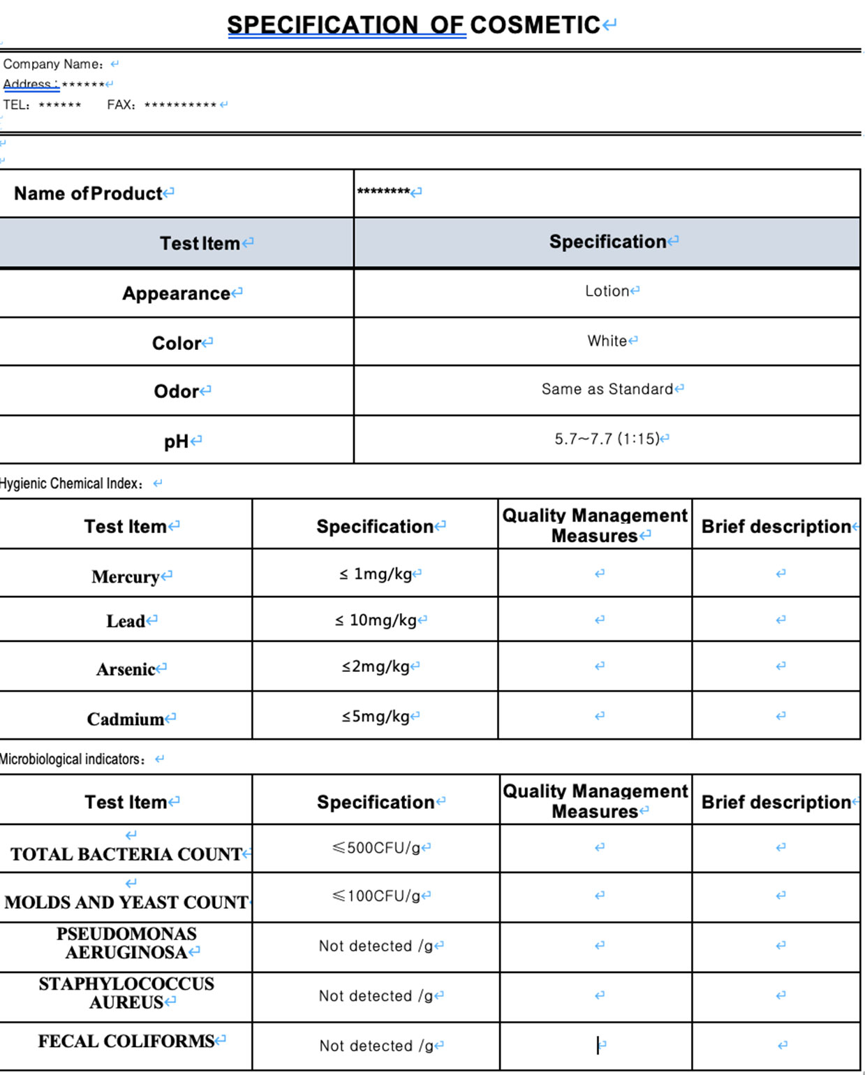 Product Specification – Quality Management Measures
