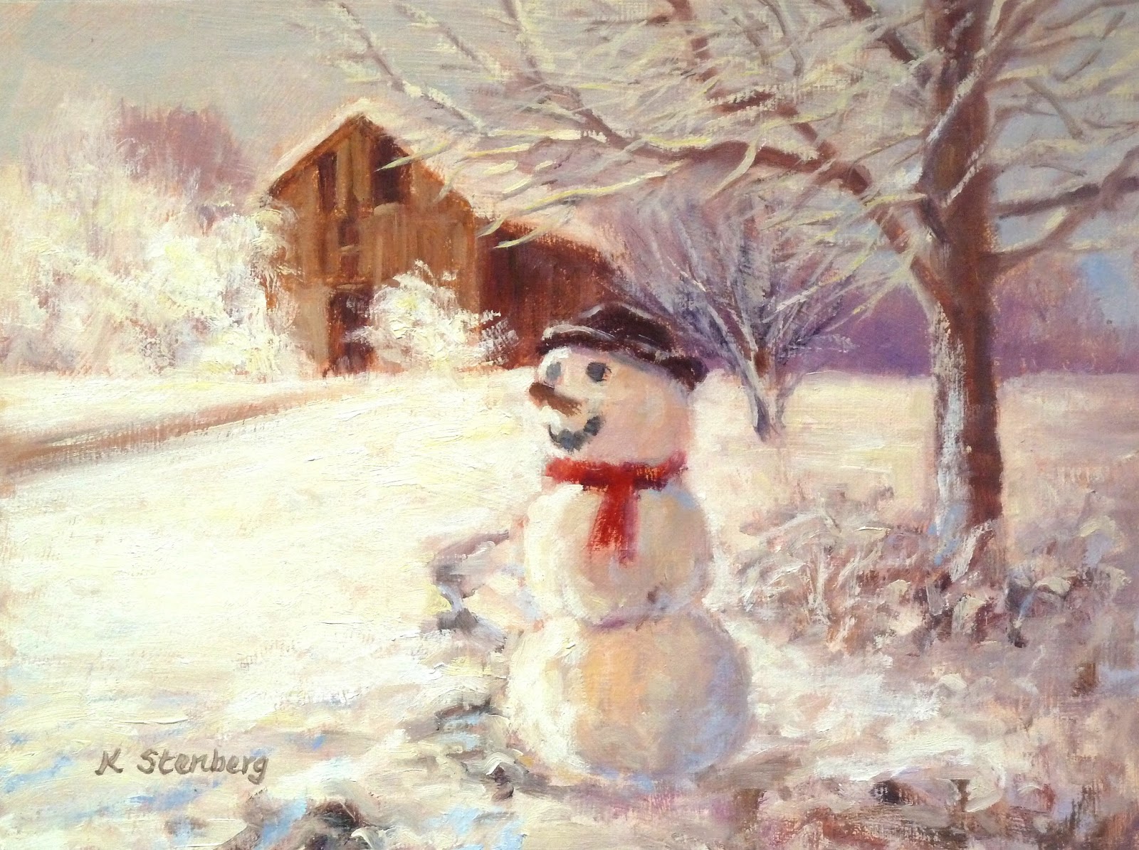 Kim Stenberg's Painting Journal: "Snowman and Barn" (oil on linen; 9" x ...