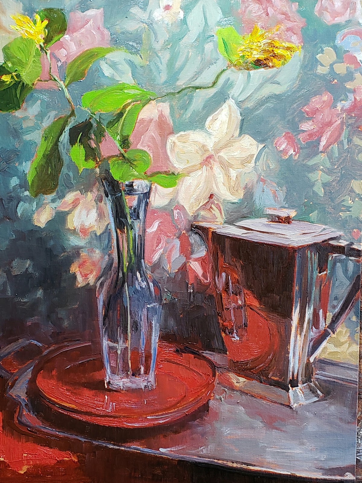 in plein air: "Trumpet Flowers with Silver" Still life painting by ...