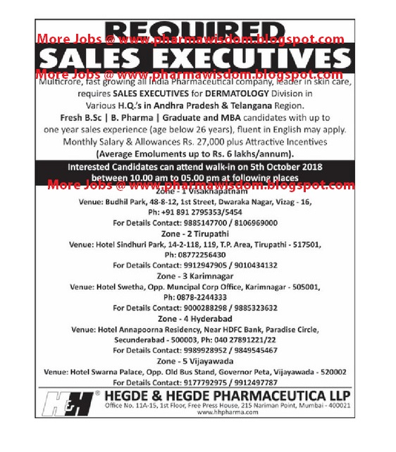Hegde & Hegde Pharma - Walk-In for Freshers on 5th Oct' 2018 @ Vizag ...