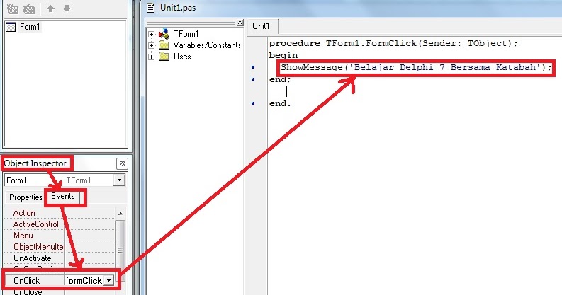 Membuat Pesan Dengan Show Message Delphi 7 | Katabah Komarudin Tasdik