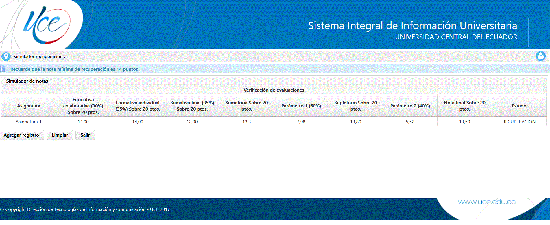 UCE-DTIC: SIIU Simulador de Cálculo de nota de Recuperación, 2020/08/26