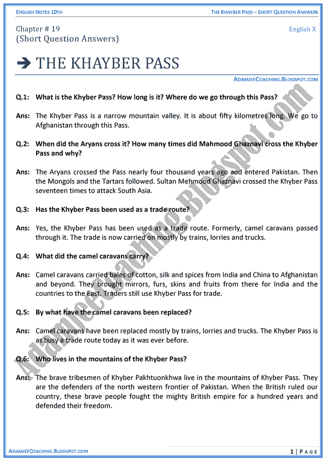 Adamjee Coaching: The Khayber Pass - Question Answers - English 10th
