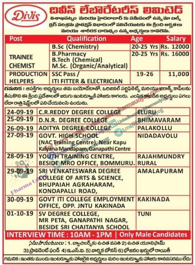 Divis Laboratories | Walk-in interview for freshers at Andhra Pradesh districts | 24 Sep - 01 ...