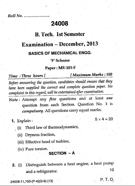 MDU B.Tech 1st Semester Basics of Mechanical Engg Dec 2013 Question Paper - University Question ...