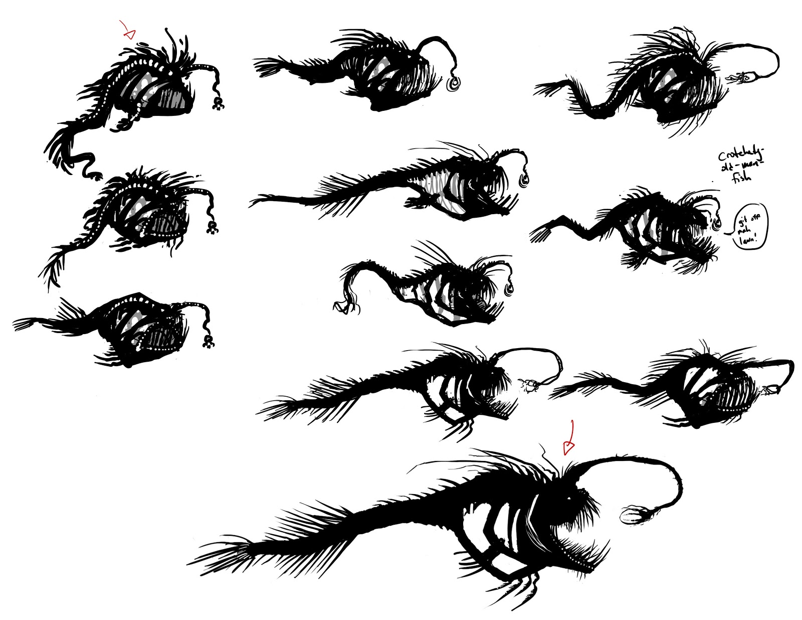 Dark Waters: creature design: Anglerfish sihouettes