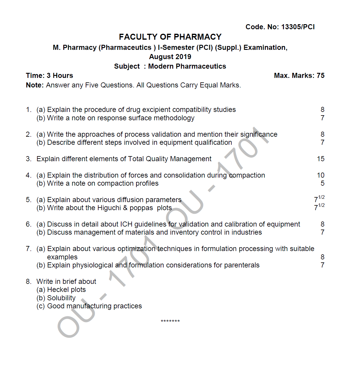 Osmania University M. Pharmacy (pharmaceutics) I-Semester (PCI) (Suppl ...