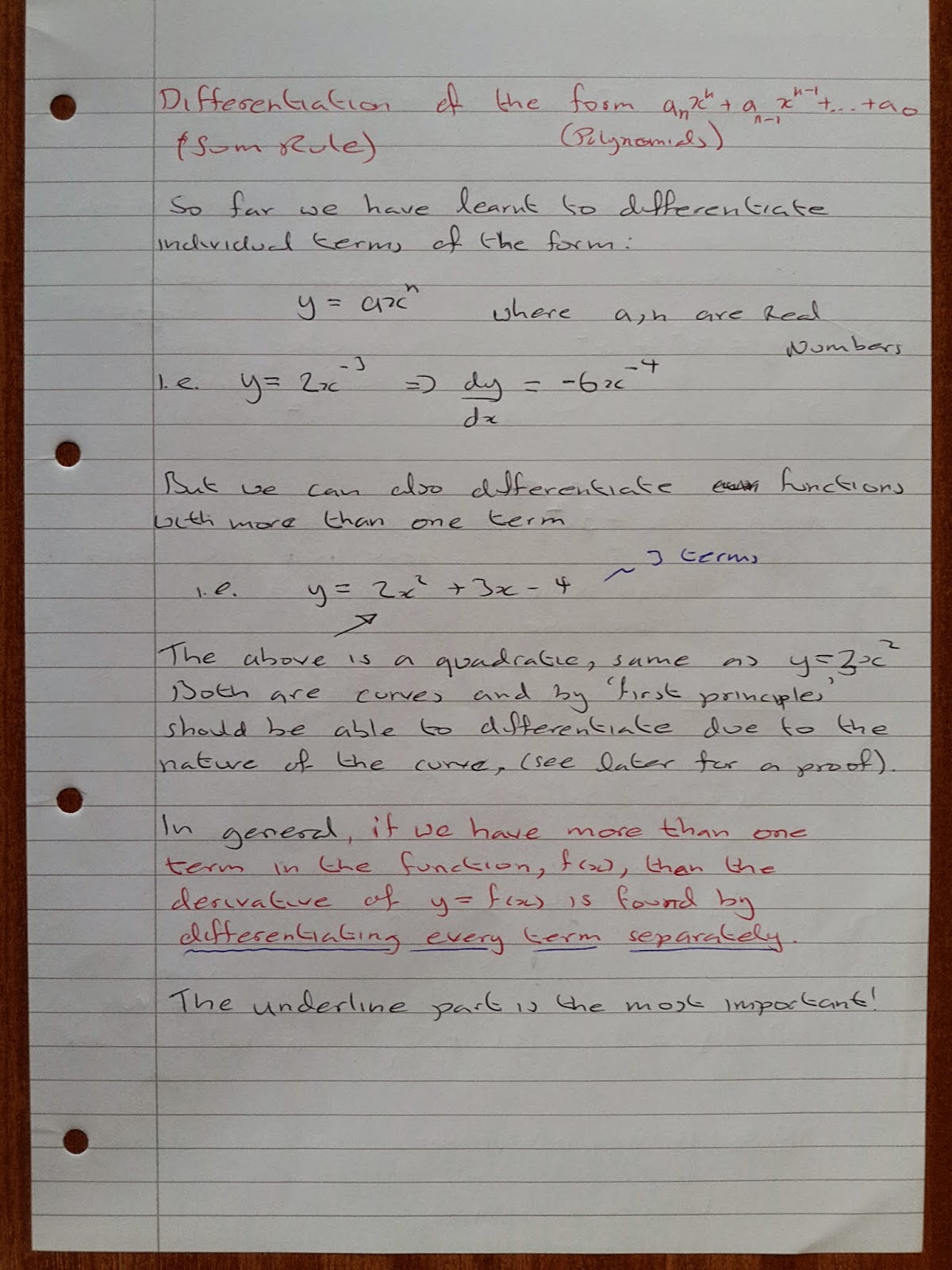 A Level Maths Notes: AS Differentiation: Differentiation of Sum rule