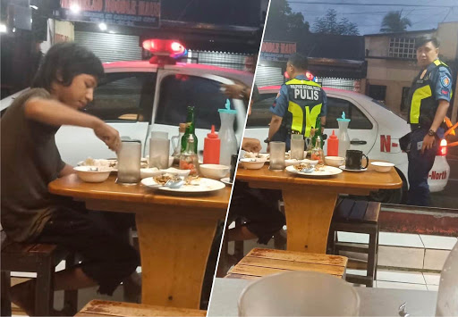 Batang nanlilimos ng tira-tirang pagkain, binusog ng 2-pulis: Batang nanlilimos ng tira-tirang pagkain, binusog ng 2-pulis: