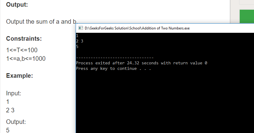 Geeksforgeeks Solution For " Addition of Two Numbers