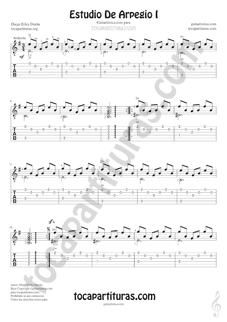 tocapartituras: Estudio de Arpegio Nº 1 Partitura y Tablatura para Guitarra por Diego Erley Durán.