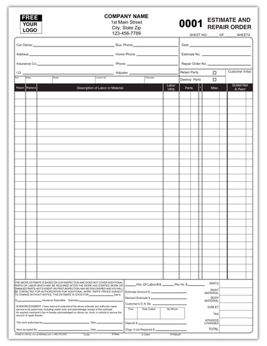 Free Auto Body Repair Estimate Forms - Invoice Template