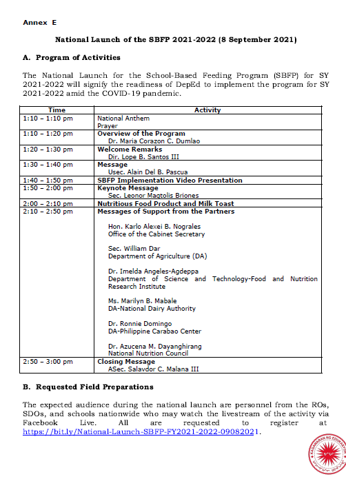 NATIONAL LAUNCH FOR SCHOOL BASED FEEDING PROGRAM SBFP FOR SY 2021 2022 REGISTER NOW NATIONAL LAUNCH FOR SCHOOL BASED FEEDING PROGRAM SBFP FOR SY 2021 2022 REGISTER NOW