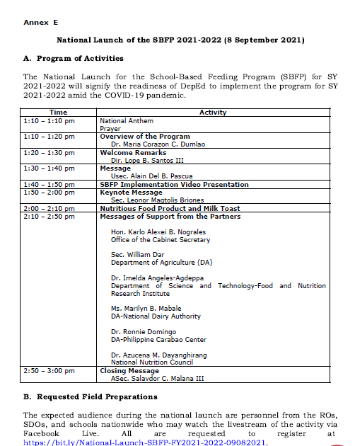 NATIONAL LAUNCH FOR SCHOOL-BASED FEEDING PROGRAM (SBFP) FOR SY 2021 ...