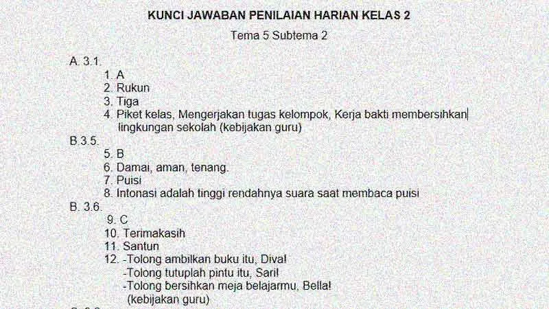 Soal Penilaian Harian Kelas 2 Tema 5 Subtema 2 dan Kunci Jawaban - SekolahDasar.Net