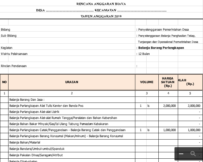 Contoh RAB Belanja Barang Perlengkapan Pemerintah Desa - Seputar Desa