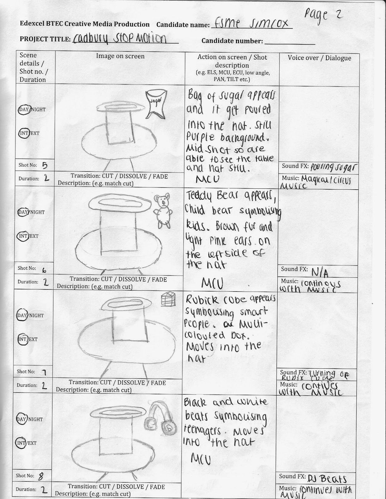 Unit 33 Stop Motion Animation: Storyboard for Cadbury Stop Motion advert