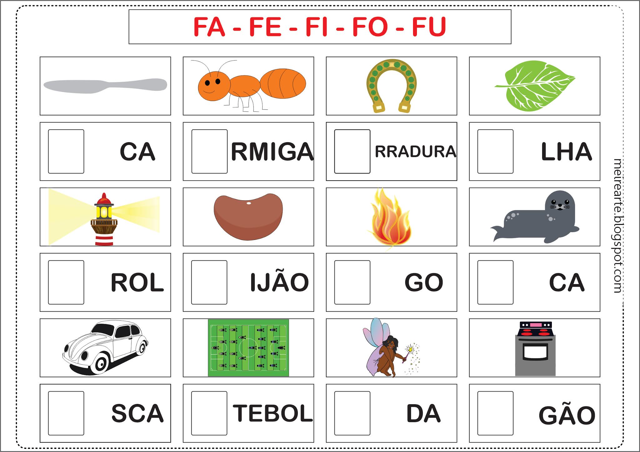 Atividades e moldes: Sílabas com F FA-FE-FI-FO-FU para alfabetização