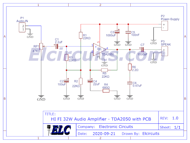 HI FI 32W Audio Amplifier - TDA2050 - Simple PS + PCB - Electronic Circuits
