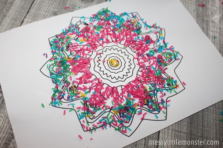 Coloured Rice Rangoli Patterns with Template - Messy Little Monster