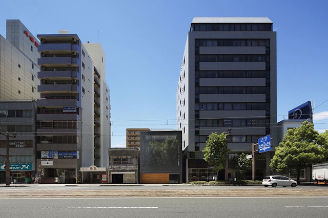 Japanese garden with large glass brick wall - Lady's Houses