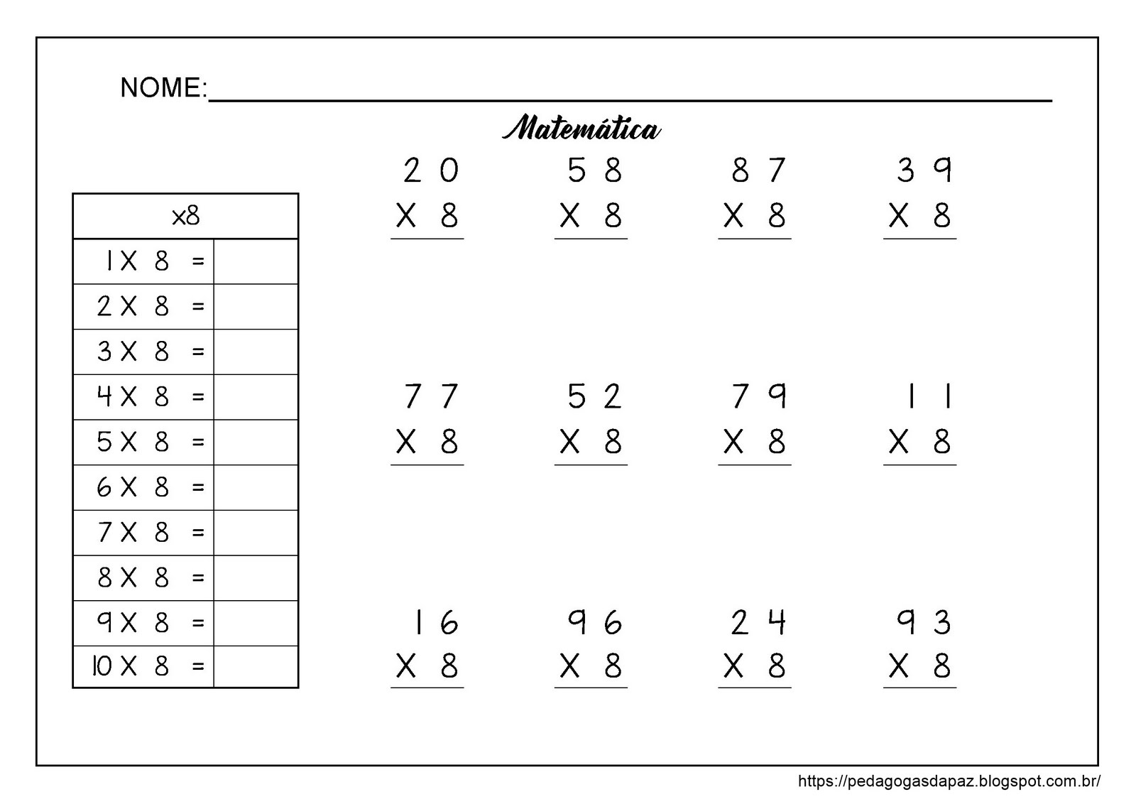 Pedagogas da paz: Atividade De Multiplicação: Tabuada E Continhas De Vezes