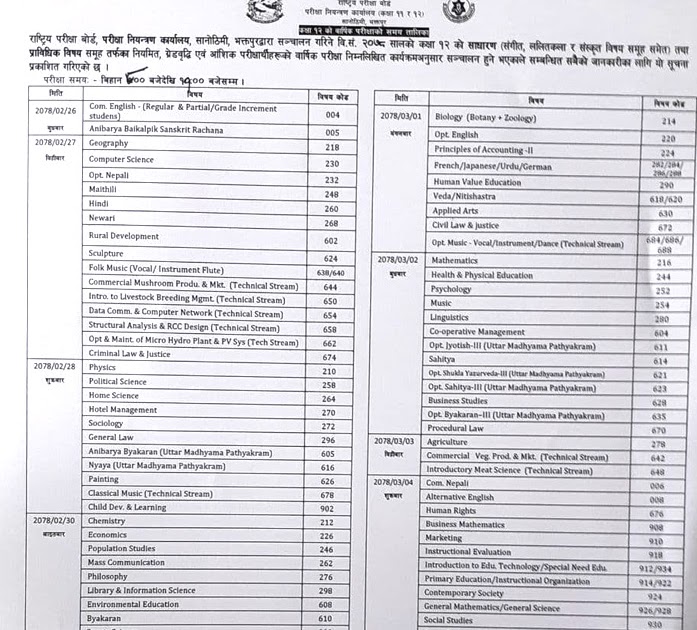 NEB Class 12 Exam Routine 2078 2021