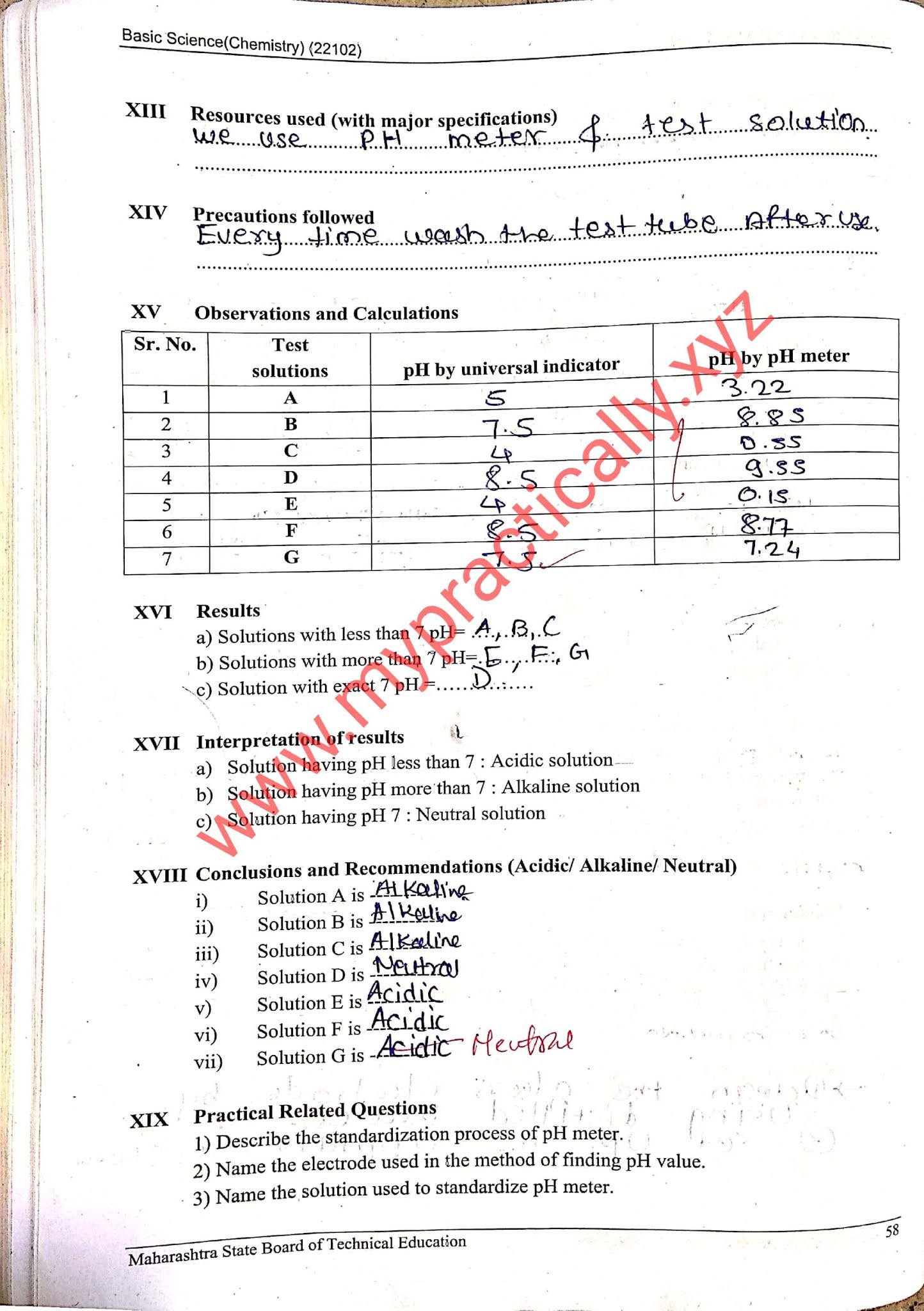 Determination of PH value Basic science chemistry practical answers ...