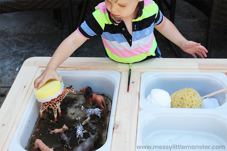 Washing Muddy Zoo Animals Sensory Bin for Toddlers - Messy Little Monster
