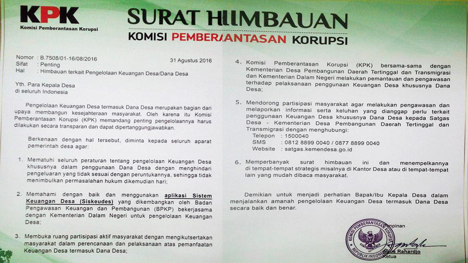 Surat KPK untuk para Kepala Desa di seluruh Indonesia terkait ...