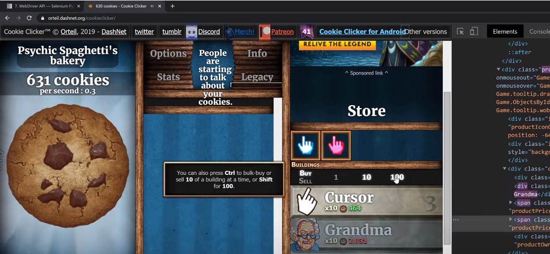 Tech With Tim Python Selenium Tutorial 4 Actionchains And Automating Cookie Clicker