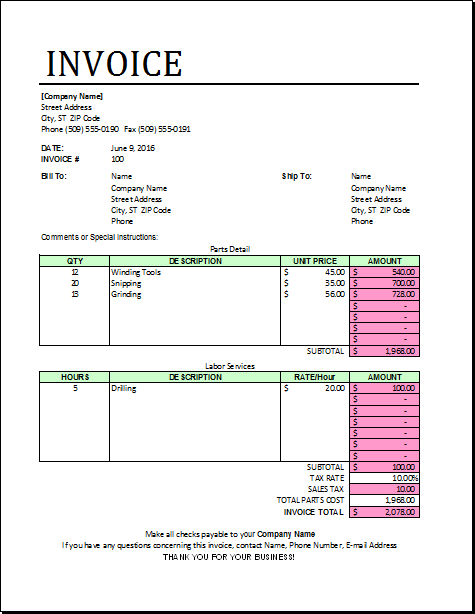 Parts And Labor Invoice Template - Invoice Template
