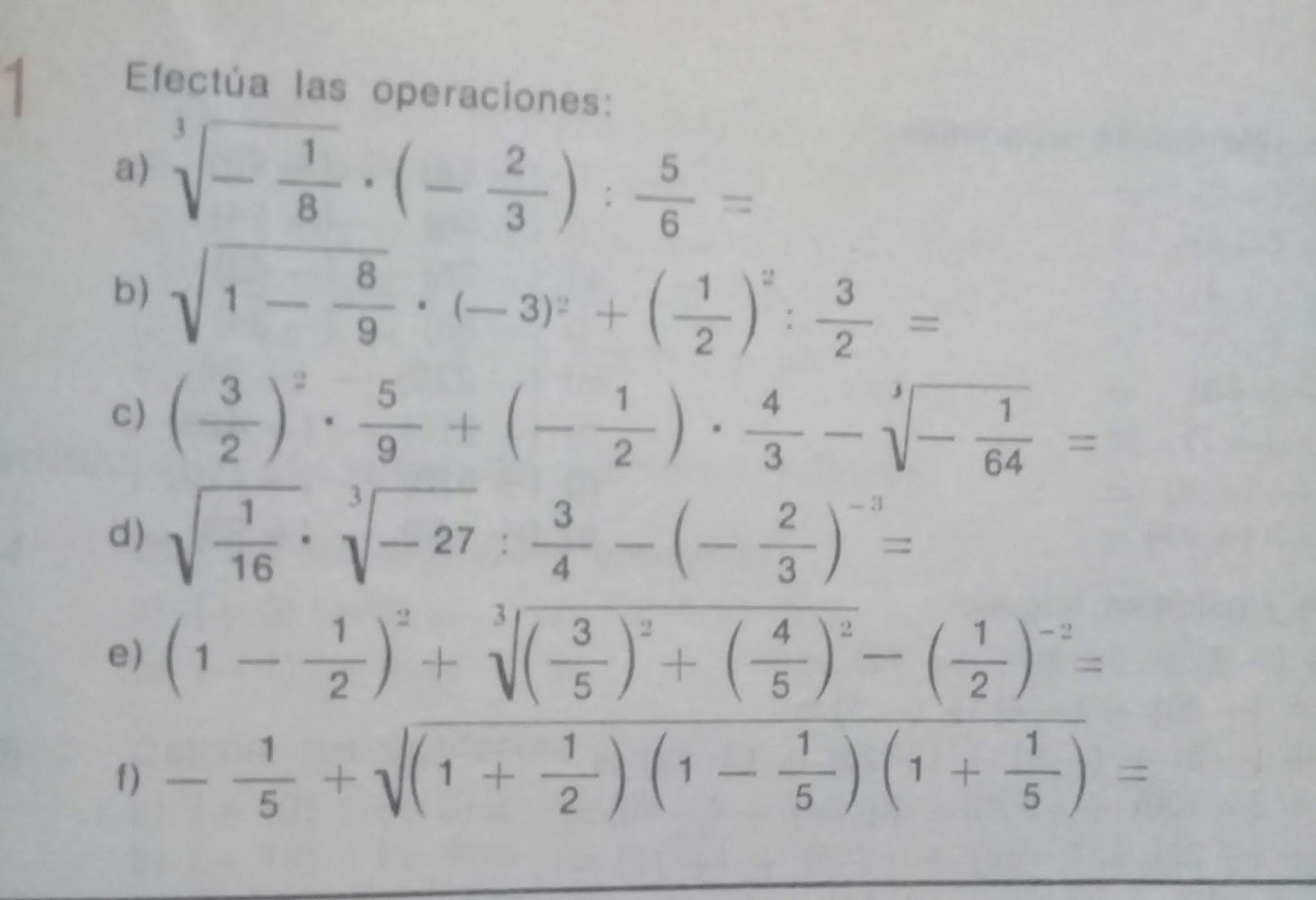 Operaciones combinadas con potencias y raíces de fracciones