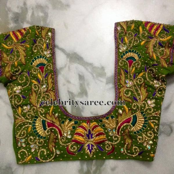 Parrot Green Blouse in Zardosi Work - Saree Blouse Patterns