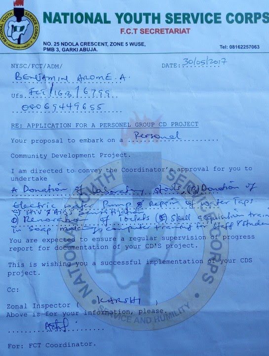 Sample Of NYSC Personal CDS Project Proposal Acceptance Letter Sample Of NYSC Personal CDS Project Proposal Acceptance Letter