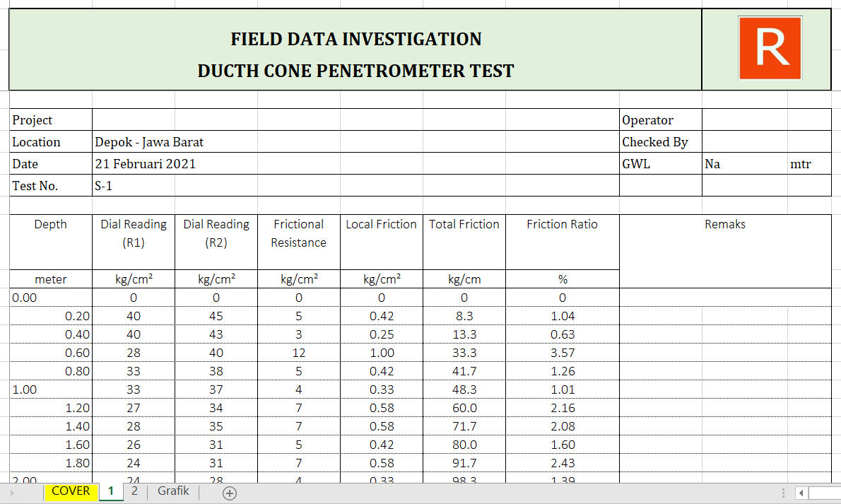 Contoh Lengkap data tanah Sondir .xls | RTS FILE