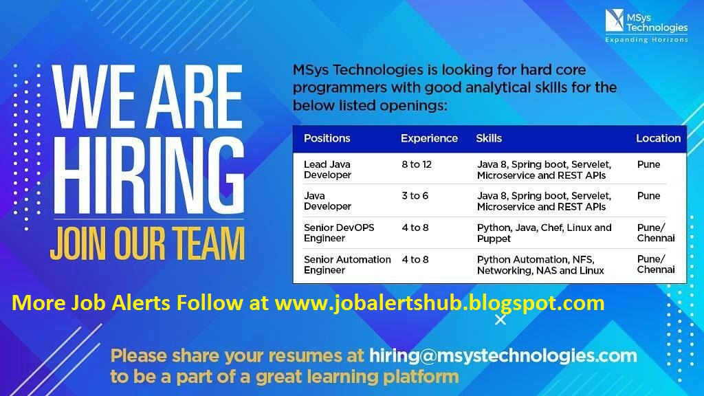 Msys Technologies Hiring Java Developer Lead Java Developer Sr