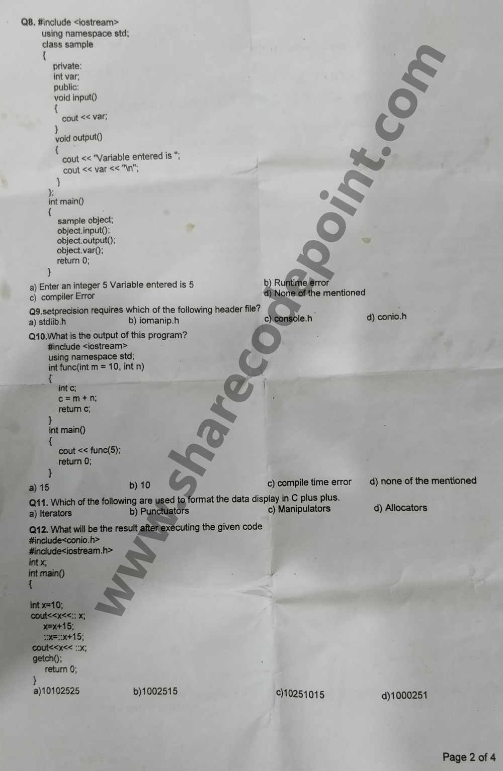 Cse202 Object Oriented Programming Mid Term Exam Question Paper Cse 202 Lpu Question Paper