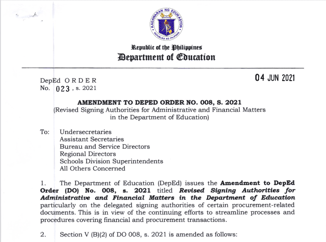 DepEd Order No.023, s. 2021: AMENDMENT TO DEPED ORDER NO. 008, S. 2021 ...