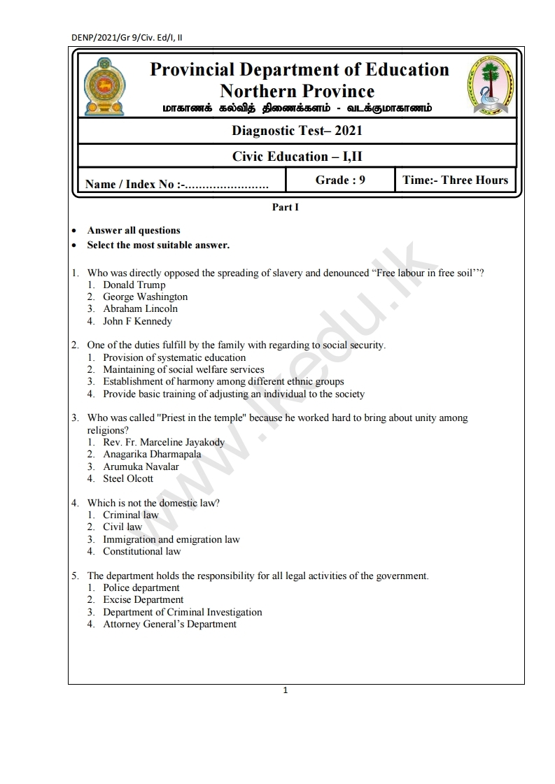 Grade 9 - Civics - Diagnostic Test 2021 - www.lkedu.lk