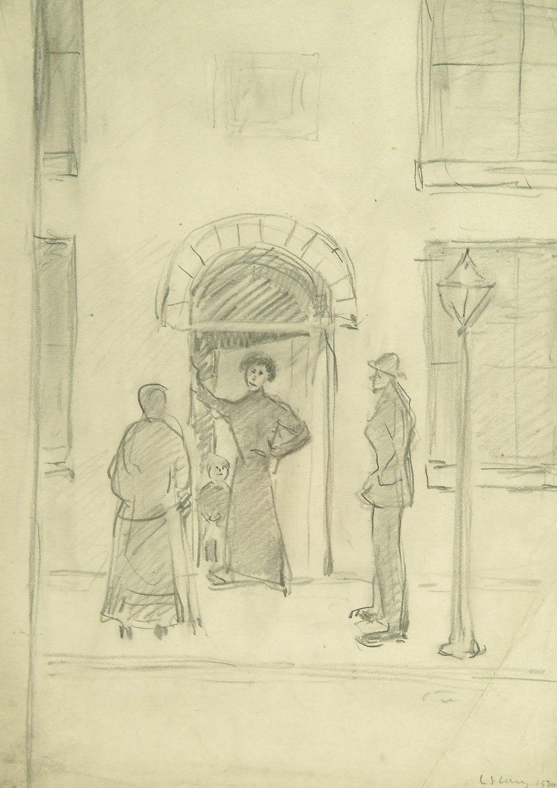 The Works of Laurence Stephen Lowry: 1920 - Conversation at a Lodging House