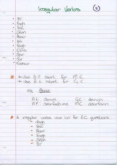 Leaving Cert help notes: Irregular Irish Verbs