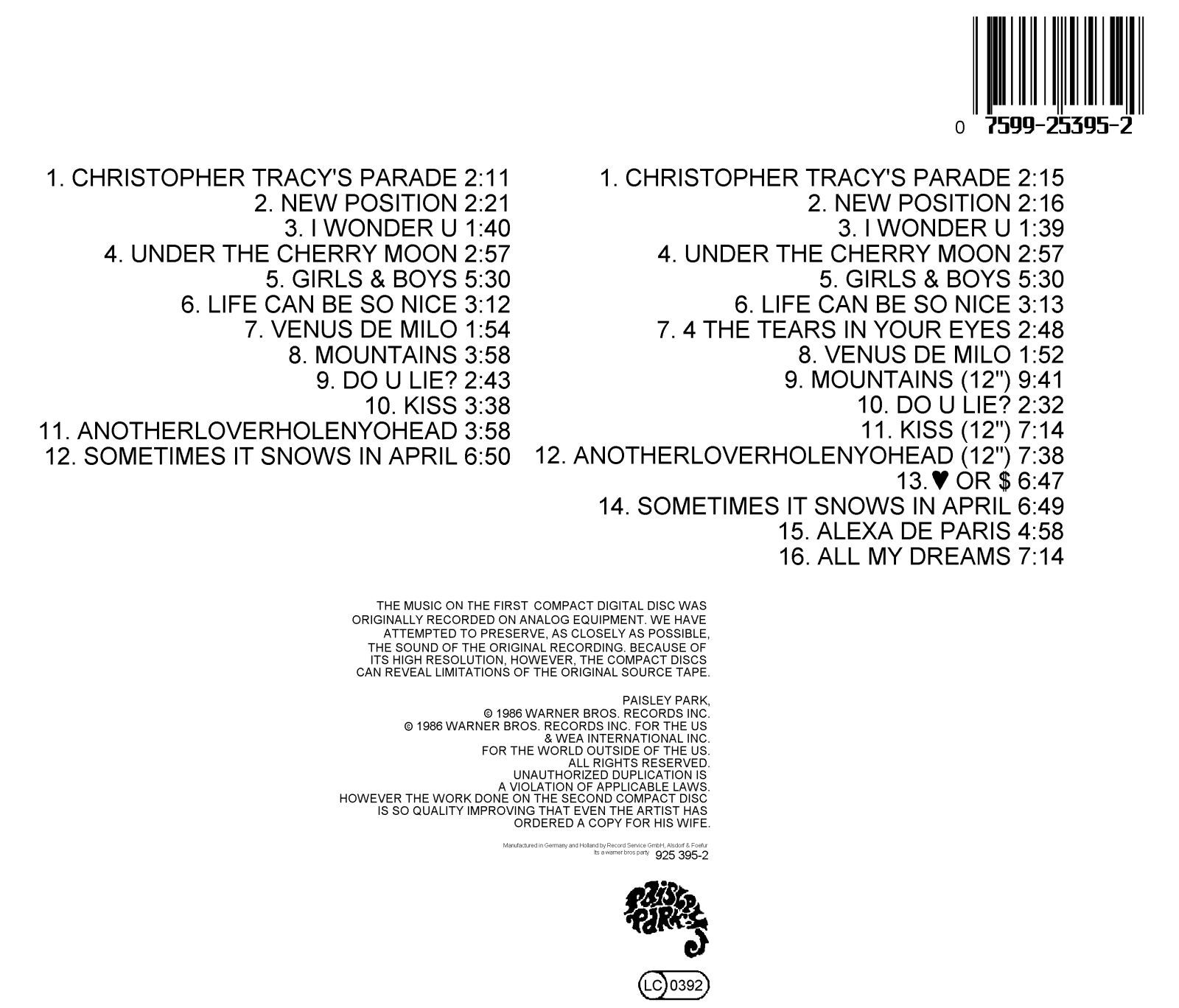 Classic Rock Covers Database: Prince - Parade (1986)