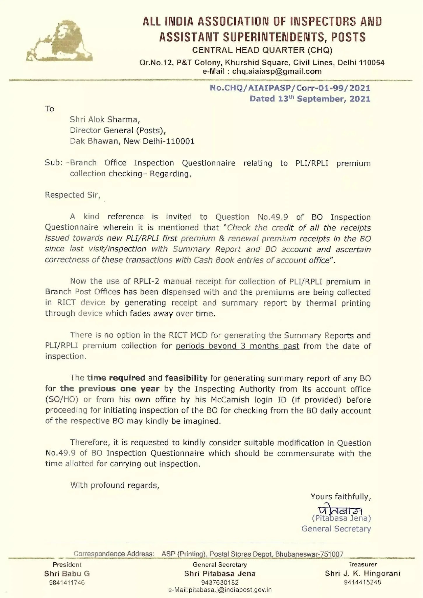 BO (Branch Post Office) Inspection Questionnaire relating to PLI/RPLI ...